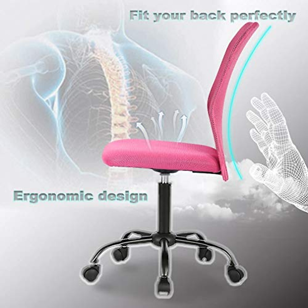 Office Chair Armless Mesh Computer Desk Chair Ergonomic Mid Back Task Chair with Wheels&Lumbar Support Swivel Rolling Chairs for Women Girls, Pink