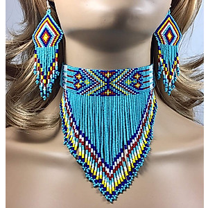 Native Style Seed Beads Beaded Choker Bib Statement Necklace (Blue)
