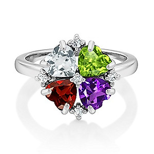Gem Stone King 925 Sterling Silver Personalized Customized 4 Gemstone Birthstone Name Engraved Heart Shape Ring For Women (Available In Size 5, 6, 7, 8, 9)