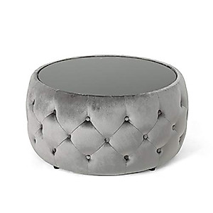 Christopher Knight Home Ivy Glam Velvet and Tempered Glass Coffee Table Ottoman, Smoke, Black