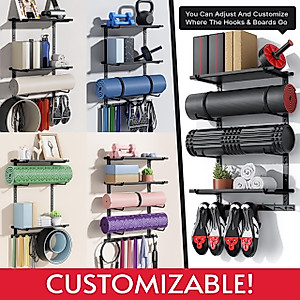 Crostice Home Gym Storage Shelf Only, Adjustable Gym Equipment Organizer Wall Mounted with 2 Boards, Yoga Mat Holder, Storage Rack Compatible with Peloton Shoes & Mat, Shelf for Home Gym Accessories