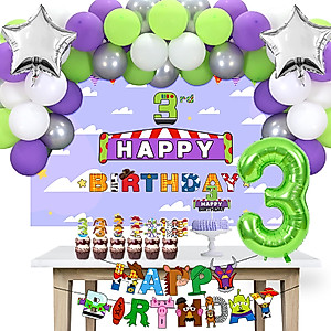 Crenics 3rd Birthday Decorations for Girls or Boys - 3rd Birthday Backdrop, Banner, Balloon Arch Kit, Number 3 Balloon with Cake Toppers for Toy Inspired Story Theme 3 Birthday Party Supplies