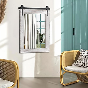 AAZZKANG Wall Mirror Rustic Barn Door Mirror Large 26"x18" with Wood Framed Rectangle Decorative Bedroom Bathroom Vanity Mirror Farmhouse Wall Decor White