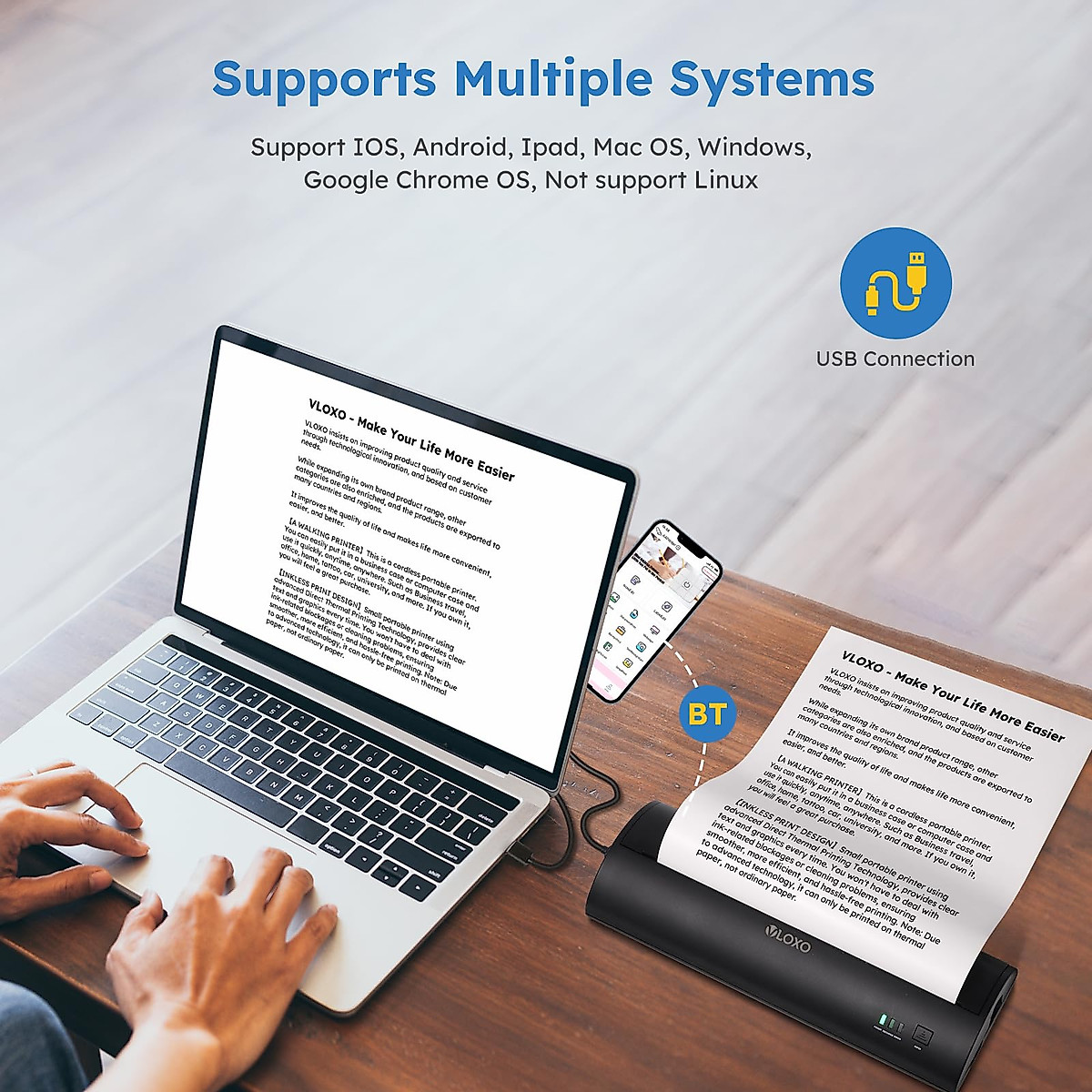 VLOXO Portable Printer, Cordless Thermal Printer Mini Inkless Printer Compatible with Phone & PC Tattoo Stencil Printer for Travel, Home, Office, with Thermal Paper and 10pcs Transfer Paper