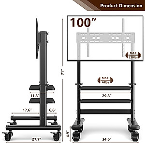 Mobile TV Cart Rolling TV Stand with Wheels for 55-100 Inch LCD LED Flat Curved Screens up to 250 lbs, Max VESA800x600 mm Heavy Duty Portable Floor TV Stand Large Base Trolley Height Adjustable
