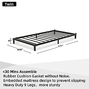 LUKIROYAL Sturdy Low Twin Bed Frame - Metal 7-Inch Platform Base with Steel Slats - Easy Assembly, Noise-Free, No Box Spring Needed - Non-Slip - Black