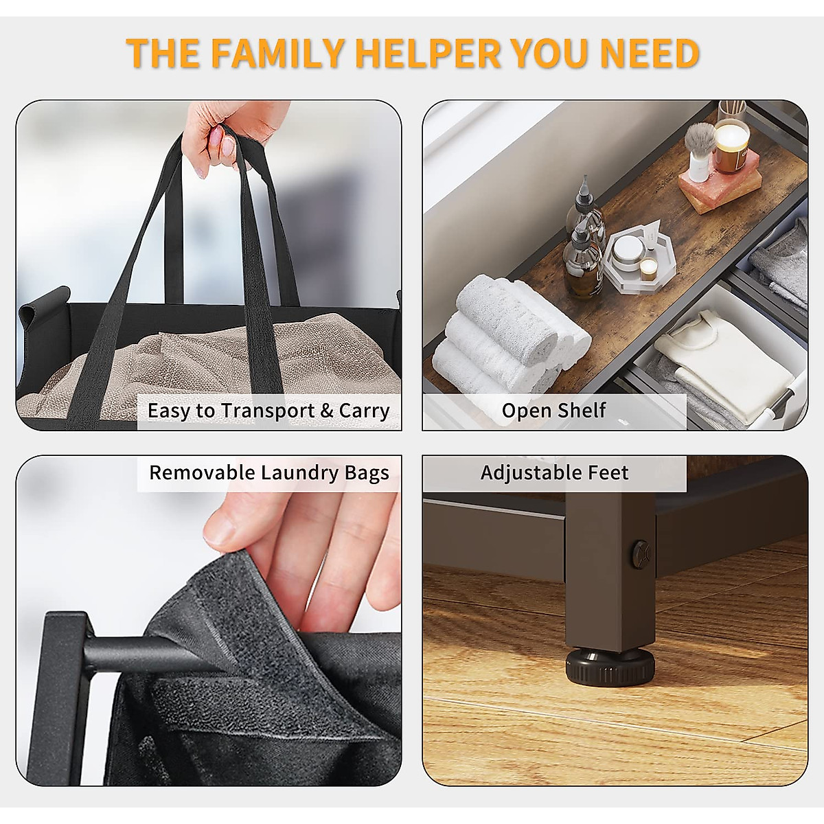 LIVEHOM Laundry Basket Three Laundry Hamper with Removable Bags, Fabric Handles, Large Top Shelf and Laundry Bag for Bathroom, Dorm, Laundry Room