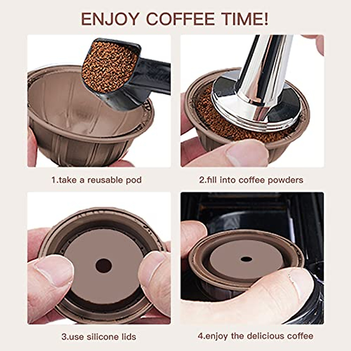 Reusable Coffee Capsule Lids for Original Nespresso Vertuoline Pods, Food Grade Silicone Caps for Refillable Nespresso Vertuo Pods with Scoop and Brush, 4 PCS(Brown)