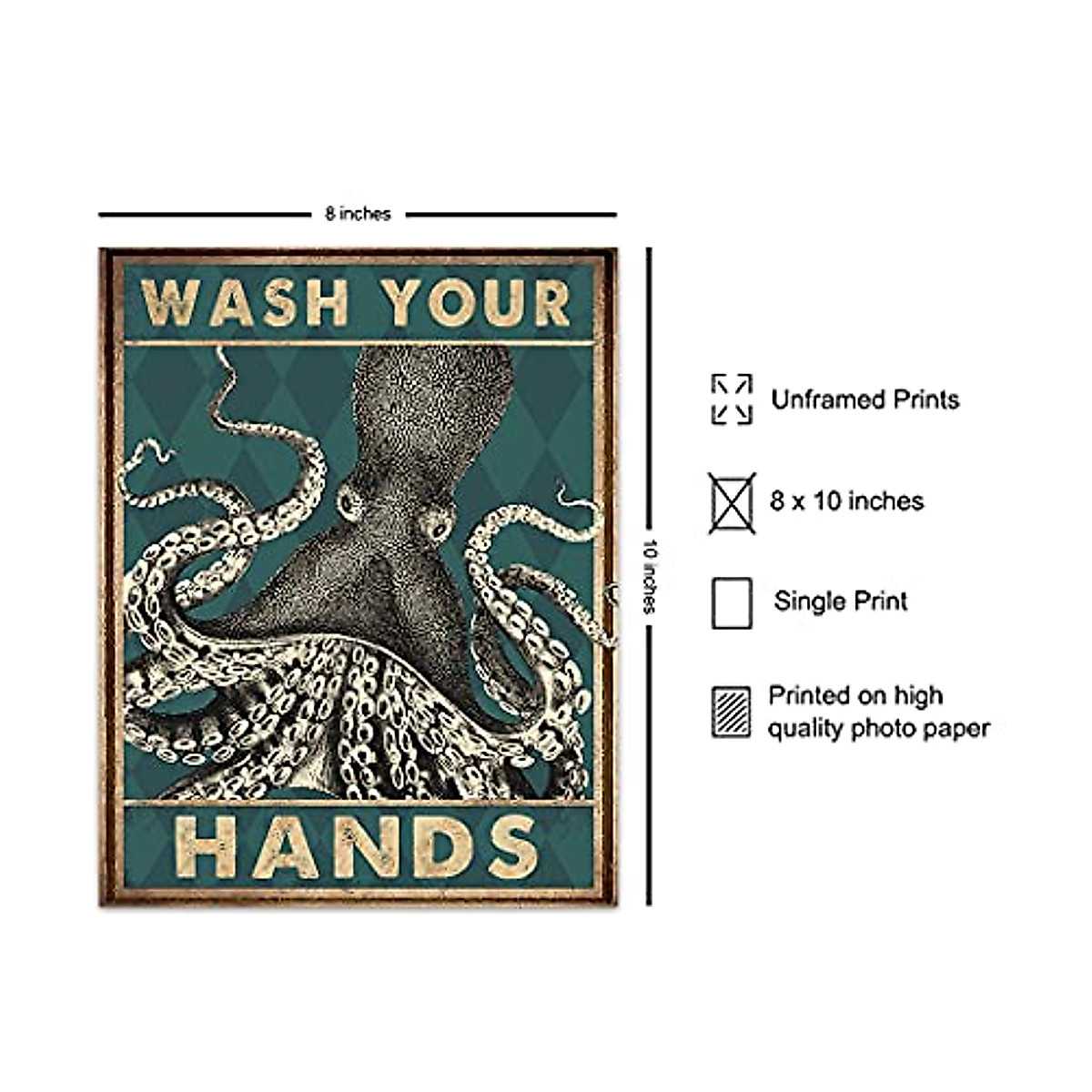 Octopus Nautical Bathroom Wall Art & Decor - Funny Beach Bathroom Decor - Bath Wall Decor - Cute Unique Bathroom Pictures Decorations Poster - Wash Your Hands Sign - Guest Bathroom - Powder Room
