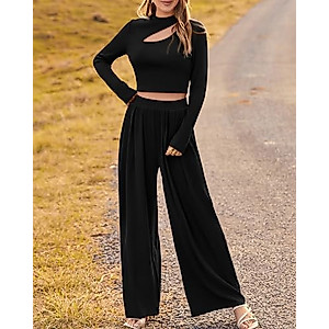 BTFBM Women's 2 Piece Tracksuit Outfits Cutout Long Sleeve Crop Top Wide Leg Pant Ribbed Knit Sweatsuits Yoga Lounge Set(Solid Black, X-Large)