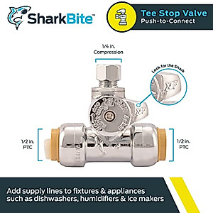 SharkBite 1/2 x 1/2 x 1/4 Inch Compression Tee Stop Valve, Push to Connect Brass Plumbing Fitting, PEX Pipe, Copper, CPVC, PE-RT, HDPE, 24983A