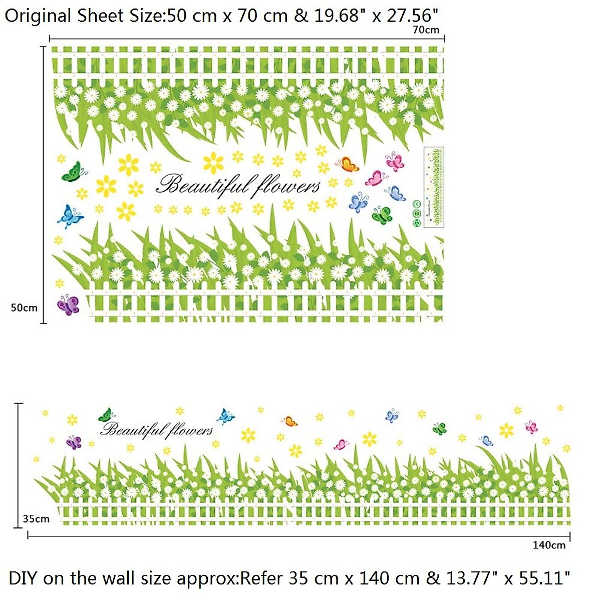 BIBITIME Garden White Fence Flower Green Grassland Borders Stickers Beautiful Butterfly Wall Decal for Kitchen Living Room Nursery Bedroom Kids Room Decor Home Art Mural