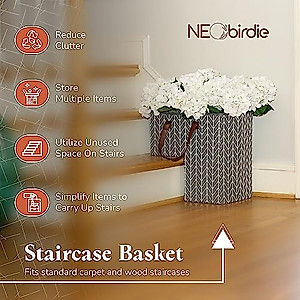Stair Basket w/Chevron Pattern - Cotton Basket for Stairs w/Leather Handles - Staircase Basket & Storage Bins with Handles - Home Organizer - Convenient Stairs Basket Organizer - 16.1” x 10.2” x 15.7”