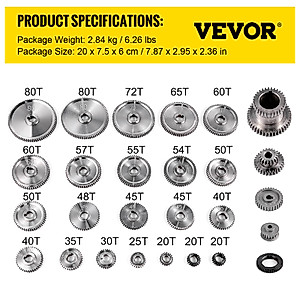 VEVOR 27PCS Metal Lathe Gears, Precise Mini Lathe Replacement Gears including Box Gear Set, Slotless Gears, Metal Motor Gears, Variable Gears, Belt Gear for CJ0618 Mini Lathes & Milling Machines