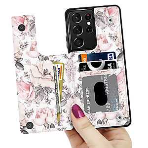 LETO Galaxy S21 Ultra Case,Luxury Flip Folio Leather Wallet Case Cover with Fashion Designs for Girls Women,Card Slots Protective Phone Case 6.8" Champagne Flowers