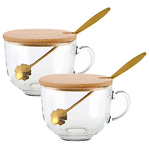 MDLUU 16oz Coffee Mugs with Handle, Glass Cups with Bamboo Lids & Cherry Blossom Spoons, Clear Drinking Glasses for Tea, Cereal, Yogurt, Set of 2