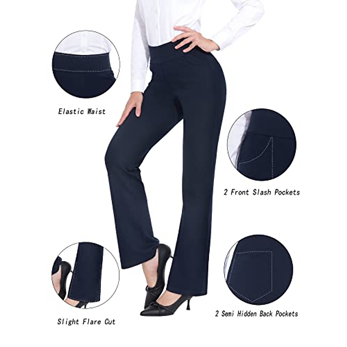 ZTN Womens Bootcut Dress Pants Regular Fit Tummy Control Pants Pull On Career Pants for Work Business Casual Navy 2XL