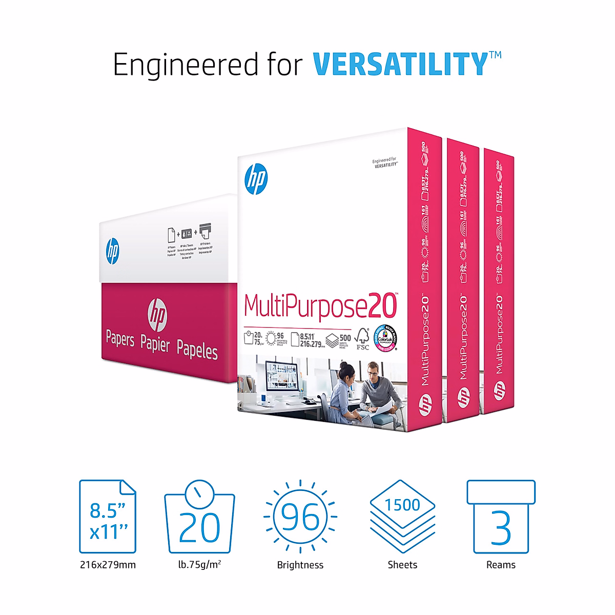 HP Printer Paper | 8.5 x 11 Paper | MultiPurpose 20 lb | 3 Ream Case - 1500 Sheets | 96 Bright | Made in USA - FSC Certified | 112530C