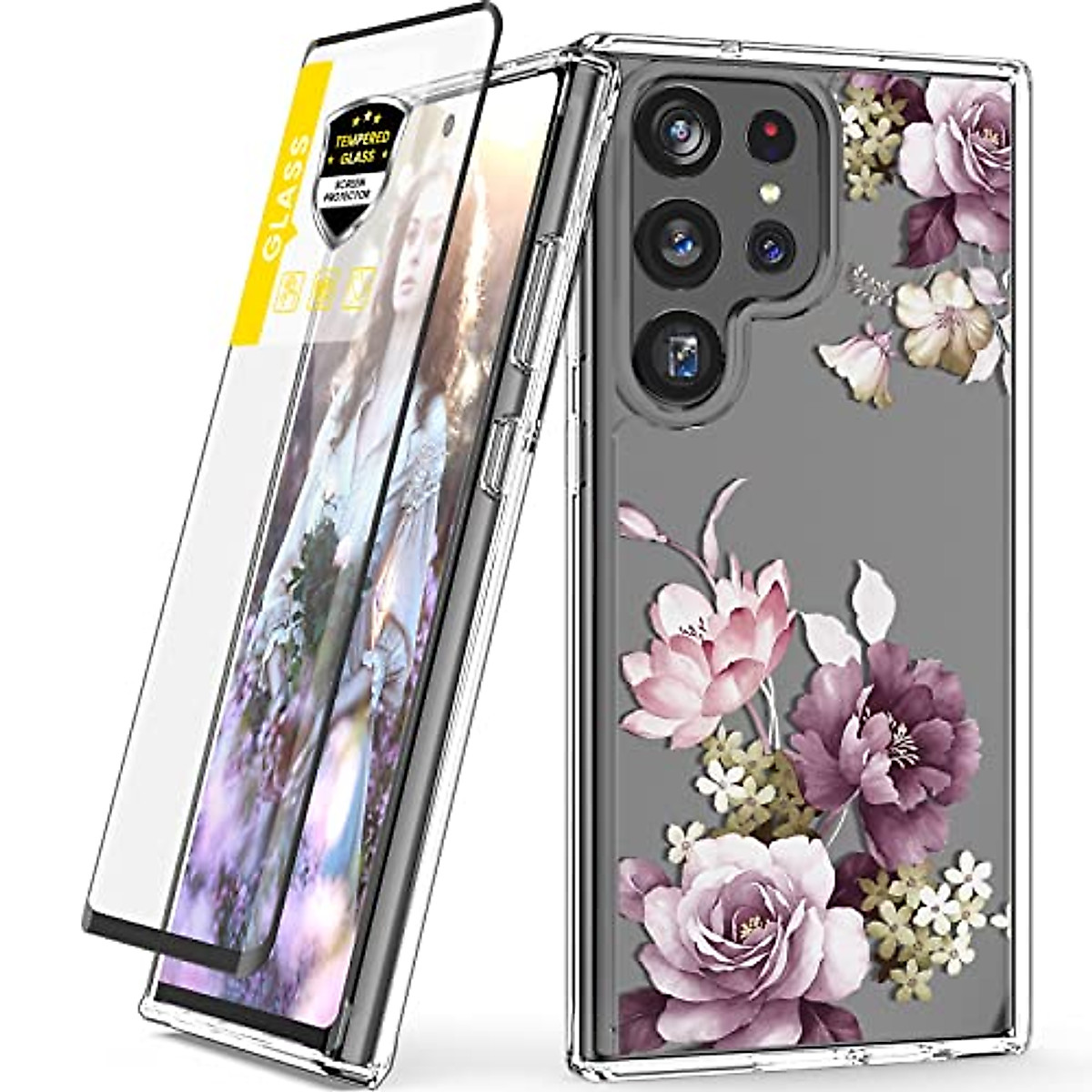 DagoRoo for Samsung Galaxy S23 Ultra Case with Tempered Glass Screen Protector, Girls Women Crystal Clear Flower Pattern Cases, Slim Fit Soft TPU + PC Shockproof Cover for Galaxy S23 Ultra (Purple)