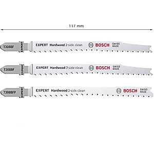 Bosch 3X Expert Hardwood 2-Side Clean Jigsaw Blade Set (for Plastic Coated Boards, Kitchen countertop, Length 117 mm, Professional Accessory Jigsaw)