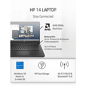 HP 14 Laptop, AMD 3020e, 4 GB RAM, 64 GB eMMC Storage, 14-inch HD Touchscreen, Windows 10 Home in S Mode, Long Battery Life, Microsoft 365, (14-fq0050nr, 2020)