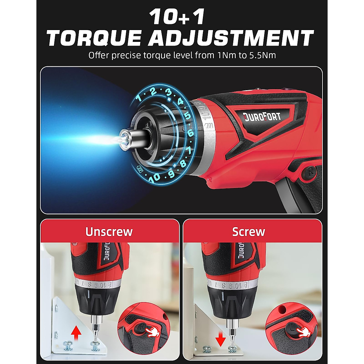 Cordless Electric Screwdriver Set, 8V Max 10Nm Rechargeable Power Electric Drill, Battery Screw Gun with 28pcs Driver Bit Set, 320RPM/10+1 Torque Setting, 2 Position Handle, Flexible Shaft LED Light