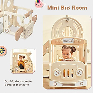 Tensun 5 in 1 Toddler Slide and Swing Set, Bus Playhouse Freestanding Slide Playset with Basketball Hoop for Indoor Outdoor Backyard Playground, Beige+Pink