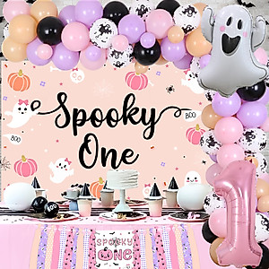 Fangleland Halloween Spooky One 1st Birthday Decorations for Girls - Pink and Purple Balloons Garland Arch Kit Ghost Balloons Backdrop, First Bday Party Supplies for One Year Old Girl