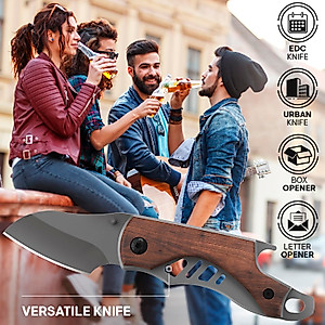 Small Pocket Knife for Men - 5.7’’ Keychain Knife with Bottle Opener - Box Cutter - Wood Handle - Liner Lock - Legal Mini EDC Folding Knife - Cool Sharp Tiny Knives - Gift for Everyone 6779N