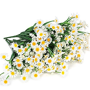 TEMCHY Artificial Daisies Flowers Outdoor UV Resistant 4 Bundles Fake Foliage Greenery Faux Plants Shrubs Plastic Bushes for Window Box Hanging Planter Farmhouse Indoor Outside Decor(White)