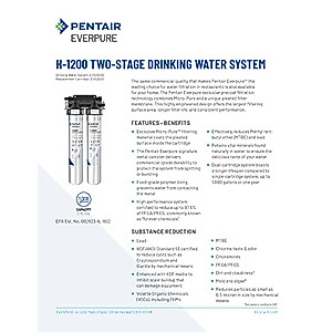 Pentair Everpure H-1200 Drinking Water System, EV928200, NSF Certified to Reduce PFOA/PFOS, Dual Cartridge System Includes Filter Head, Cartridges and all Hardware, 1,000 Gallon Capacity, 0.5 Micron