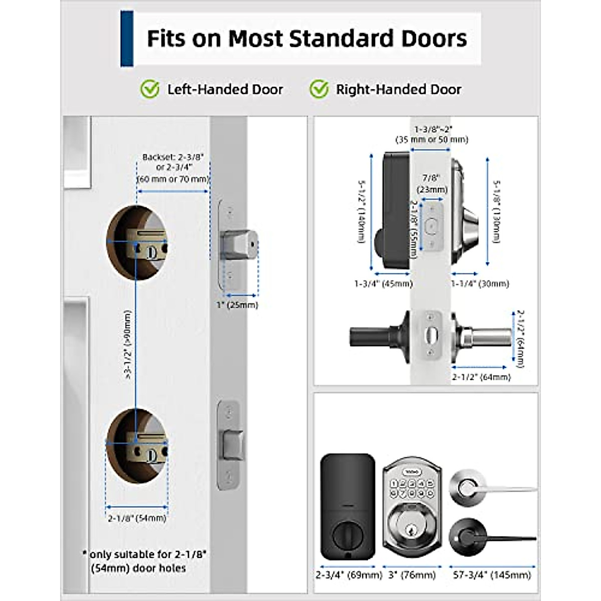 TEEHO Fingerprint Door Lock with 2 Lever Handles, Keyless Entry Door Lock with Handle, Electronic Keypad Deadbolt Front Door Lock Set with Auto Lock and 1 Touch Locking, Satin Nickel