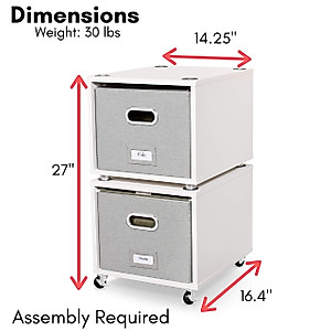 BIRDROCK HOME Rolling File Cabinet with 2 Lateral Drawers – Decorative Storage Shelf, Blankets, Books, Files, Magazines, Toys – Removable Bin with Handles – Under Desk Office Living Room Home - White