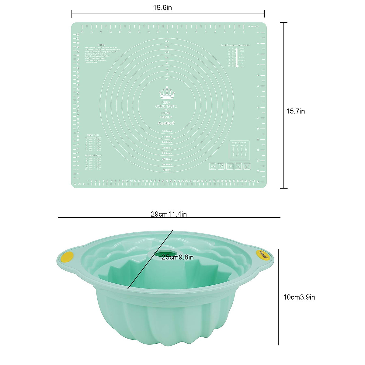 Aschef Steel Reinforced Frame Nonstick Silicone Bundt Cake Pan Baking Mold w/Baking Mat Set-BPA Free, Dishwasher & Microwave Safe