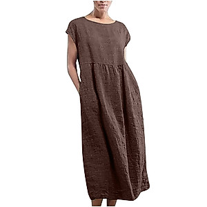 Ladies Solid Color Cotton Linen Casual Dress Loose Maxi Dress for Women Summer Dresses Pockets Comfy Beach Dresses 2023