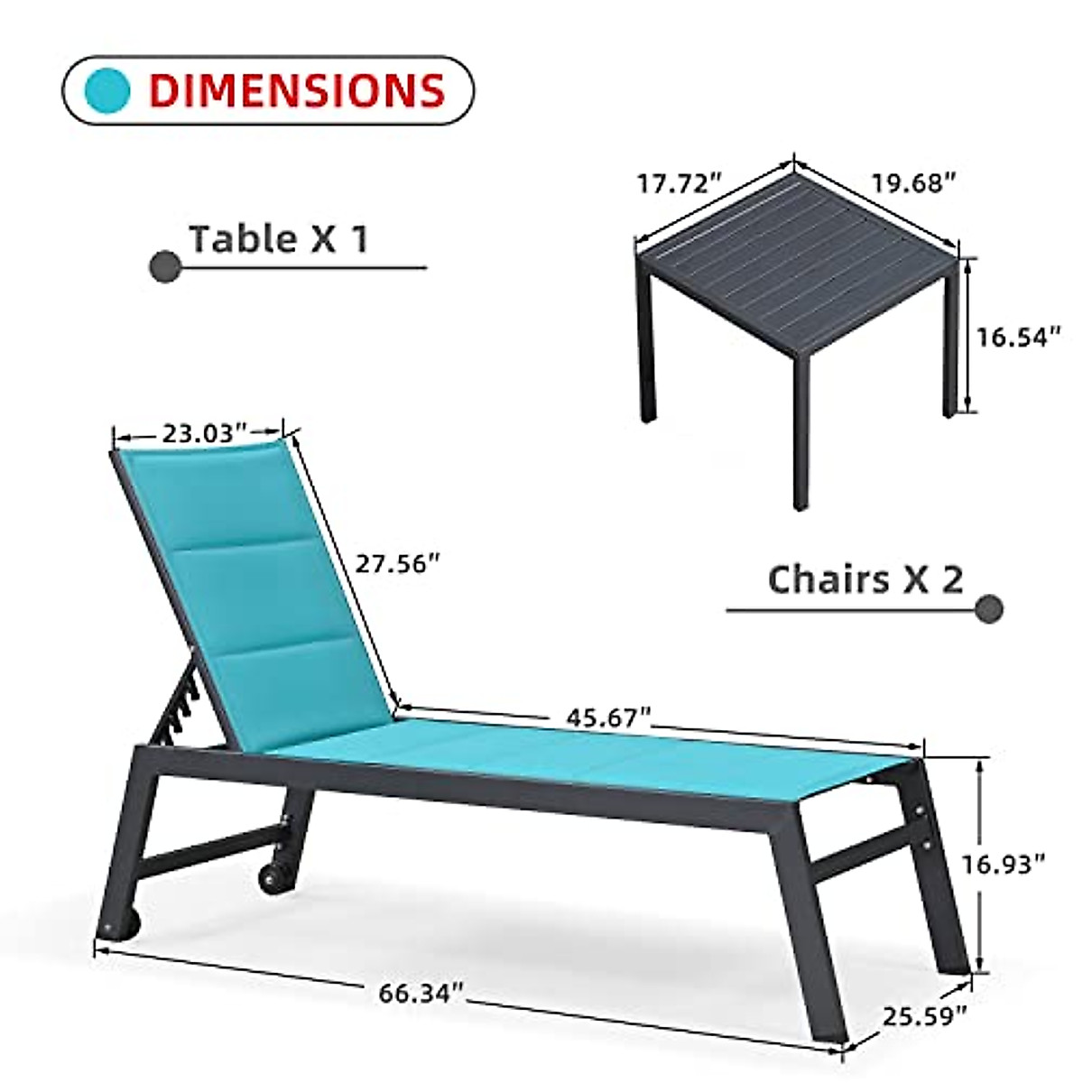 PURPLE LEAF Outdoor Chaise Lounge 2 Pieces Aluminum Patio Lounge Chair with Side Table and Wheels All Weather Outdoor Reclining Chair for Patio Pool Beach Sunbathing Chair, Turquoise Blue