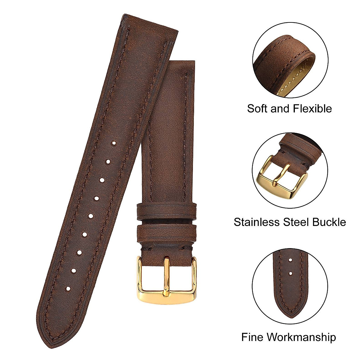 BISONSTRAP Vintage Watch Straps with Gold Buckle, Leather Replacement Band 20mm (Dark Brown)