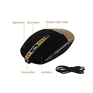 Bluetooth Wireless Mouse,Dual Mode Bluetooth 4.0 Mouse 2.4G Optical Mouse with USB Receiver,Rechargeable 4 Adjustable 1600 DPI for Small Hand,PC, Laptop, Windows, Android, OS System(Black and Gold)