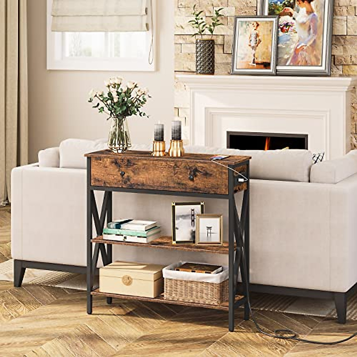 HOOBRO Console Table with Outlets and USB Ports, Narrow Entryway Table with Drawer, Small Sofa Table with 2 Storage Shelves, Behind Couch, Living Room, Hallway, Foyer, Kitchen, Rustic Brown BF88XG01