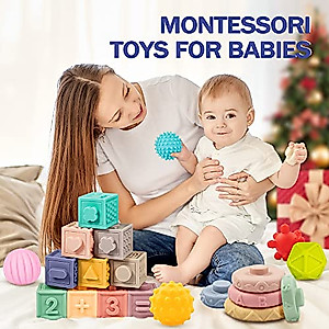 Jyusmile Baby Toys 6-12 Months, Montessori Toys for Babies 6-12 Months, Incl Stacking Building Blocks & Soft Infant Teething Toys & Sensory Balls for Toddlers 0-3-6-9-12 Months