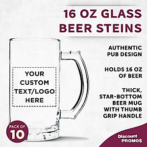 DISCOUNT PROMOS Custom Glass Beer Mug 16 oz. Set of 10, Personalized Bulk Pack - Great for Wedding Favors, Groomsmen Gifts, Birthday Gifts - Clear