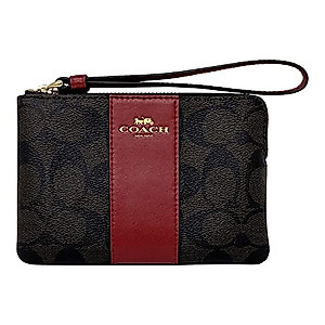Coach Corner Zip Wristlet In Signature Coated Canvas With Red Colored Leather Stripe