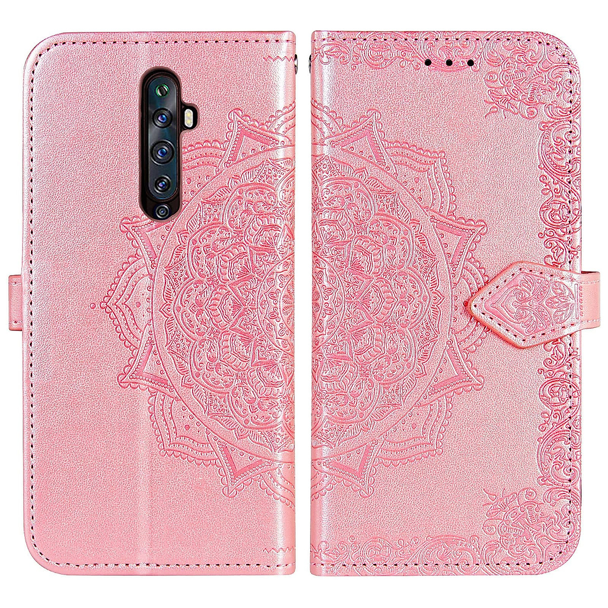 Asuwish Compatible with Oppo Reno2 Z Wallet Case and Tempered Glass Screen Protector Leather Mandala Flower Flip Cover Card Holder Stand Cell Accessories Phone Cases for Reno2Z 2019 Women Rose Gold