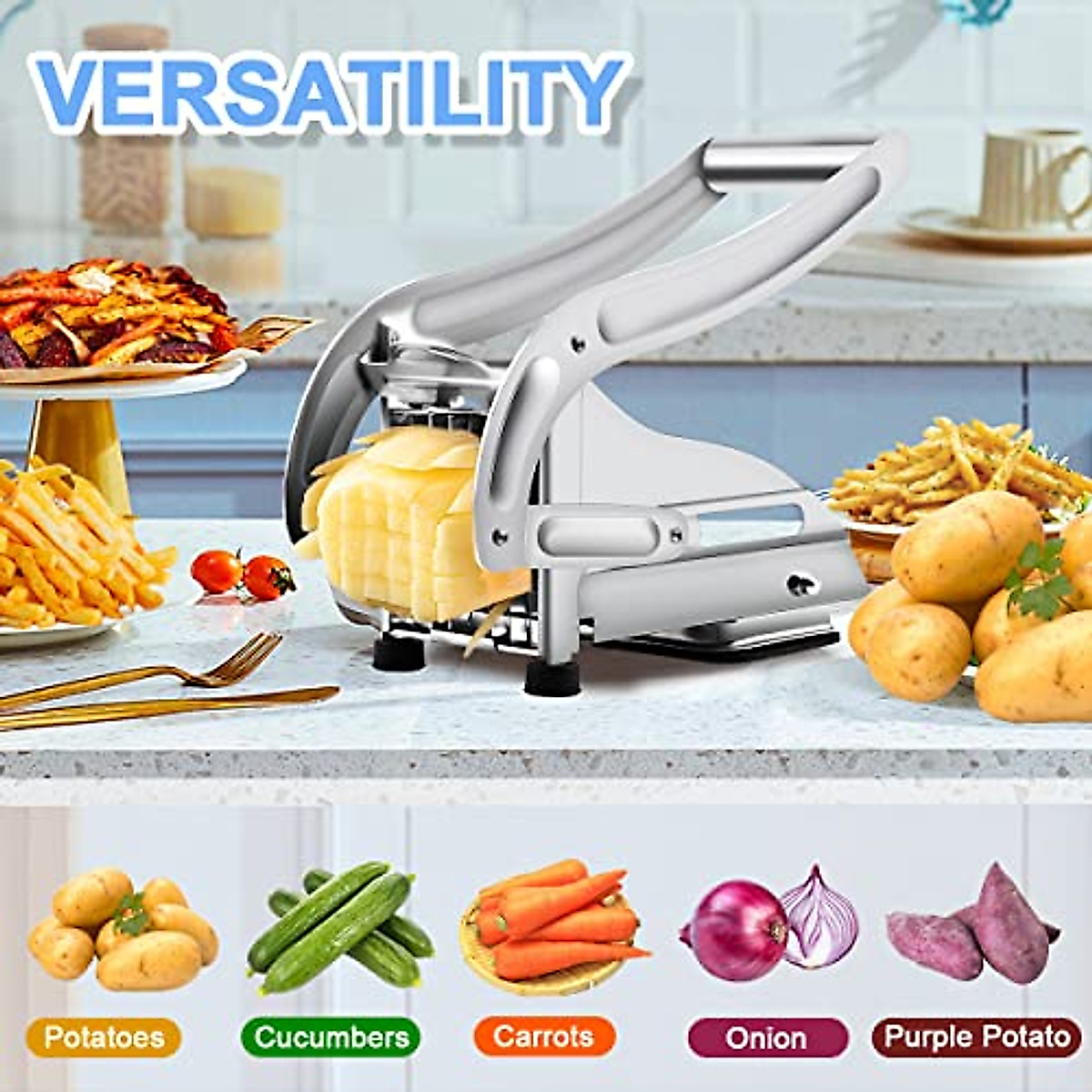 French Fry Cutter with 2 Blades, Professional Potato Cutter Stainless Steel, Potato Slicer French Fries, Press French Fries Cutter for Potato