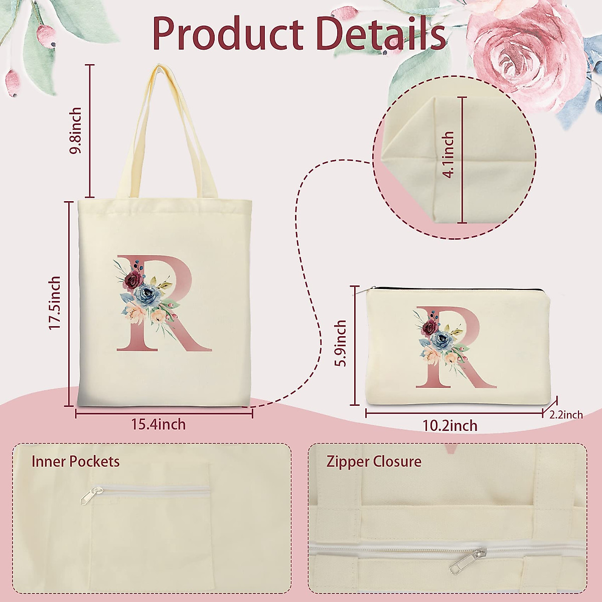 Binggemen Initial Canvas Tote Bag with Zipper Pockets,Personalized Totes for Women Bridesmaids Teacher,Cosmetic Makeup Bag,Monogrammed Gifts for Wedding Birthday (Letter R)