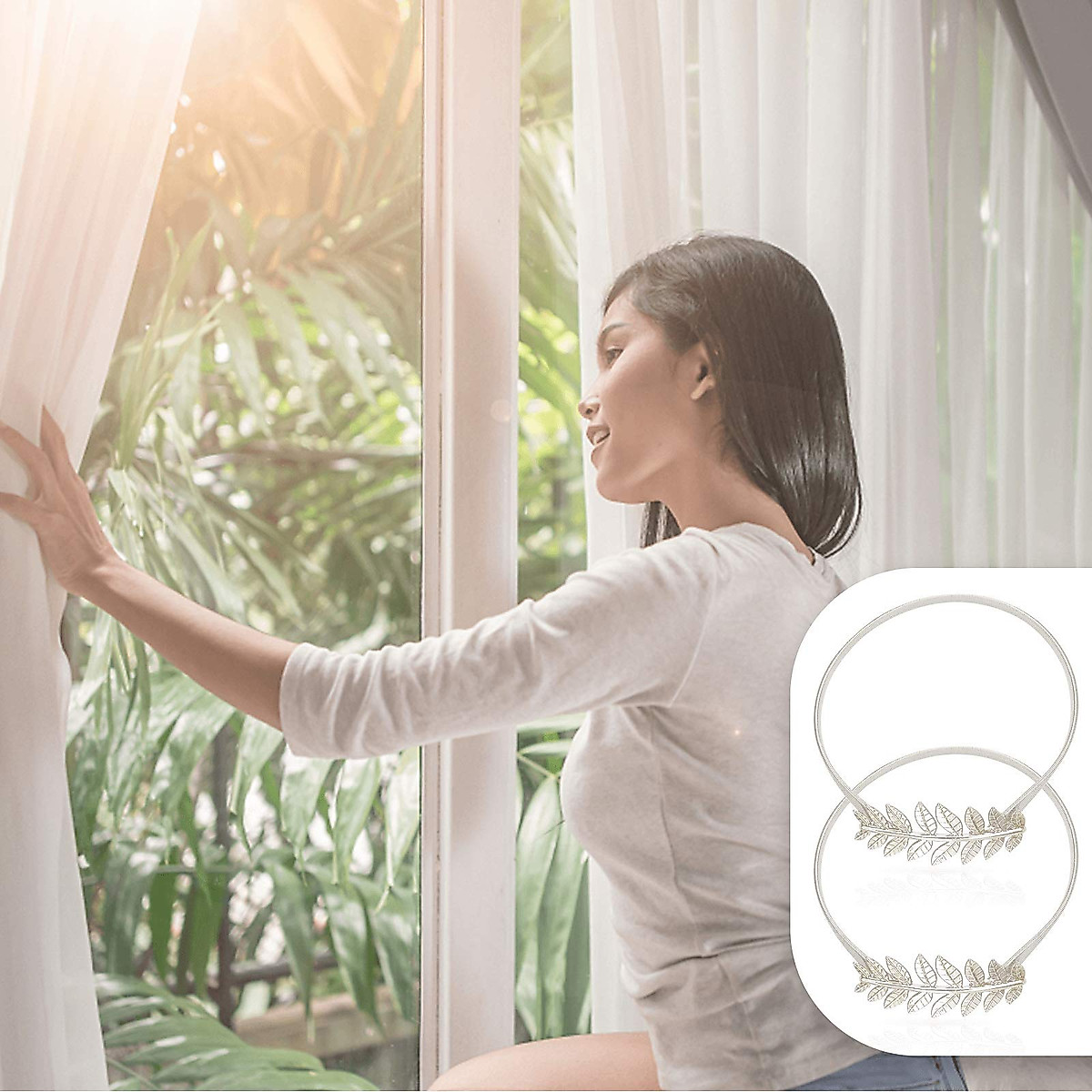 4Pack Aluminum Alloy Spring Design Curtain Tiebacks - Leaf Carving Design Curtain Ties for Drapes - Modern Style Holdbacks (Silver Leaf)