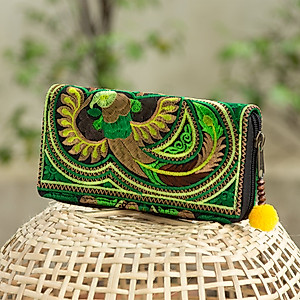 changnoi Unique Handmade Women's Wallet Thai Hmong Embroidered Fabric (Bird Green)