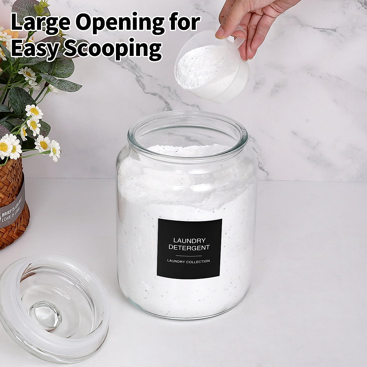 TIPGO Glass Jars for Laundry Room Organization and Storage, 0.5 Gallon Glass Containers with lids, Laundry Pods and Detergent Container (Set of 2, Black Labels)