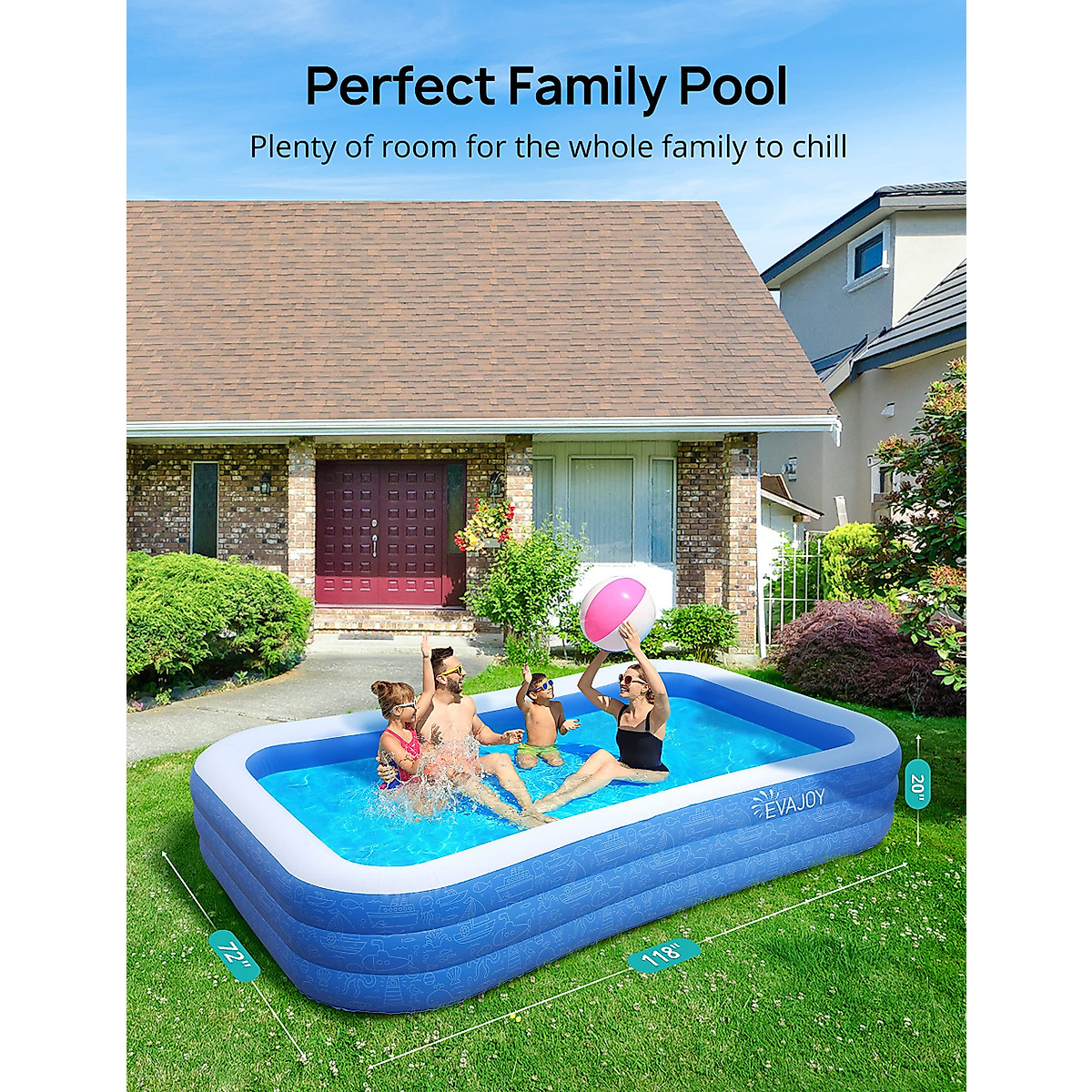 Inflatable Pool, EVAJOY 118'' x 72'' x 20'' Above Ground Pool, Kiddie Pool Large Size Thickened Blow Up Swimming Pools Play Center for Kids Children Family Outdoor Garden Backyard