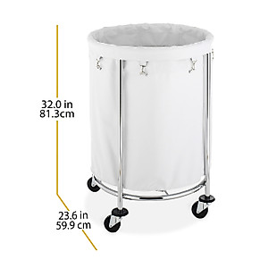 Whitmor Round Commercial Removable Liner and Heavy Duty Wheels-Chrome Laundry Hamper, Silver and White